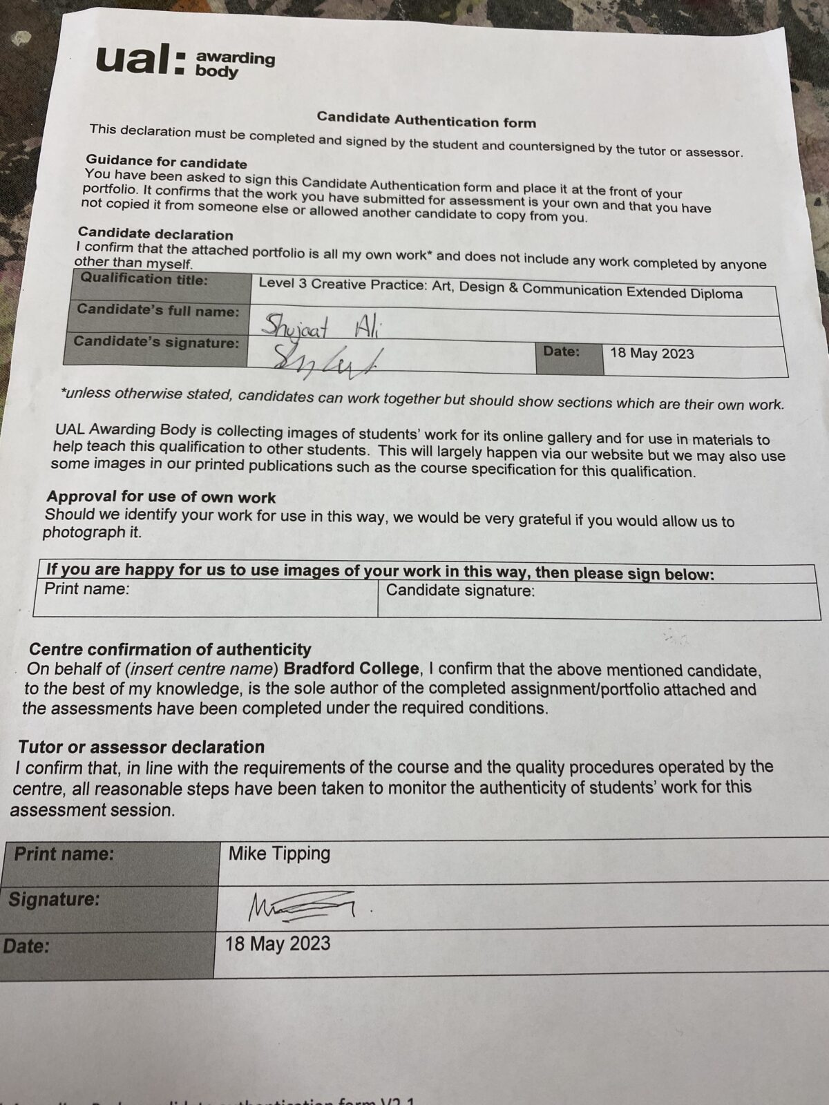 FMP Memories / Candidate Authentication Form – Shujaat Ali