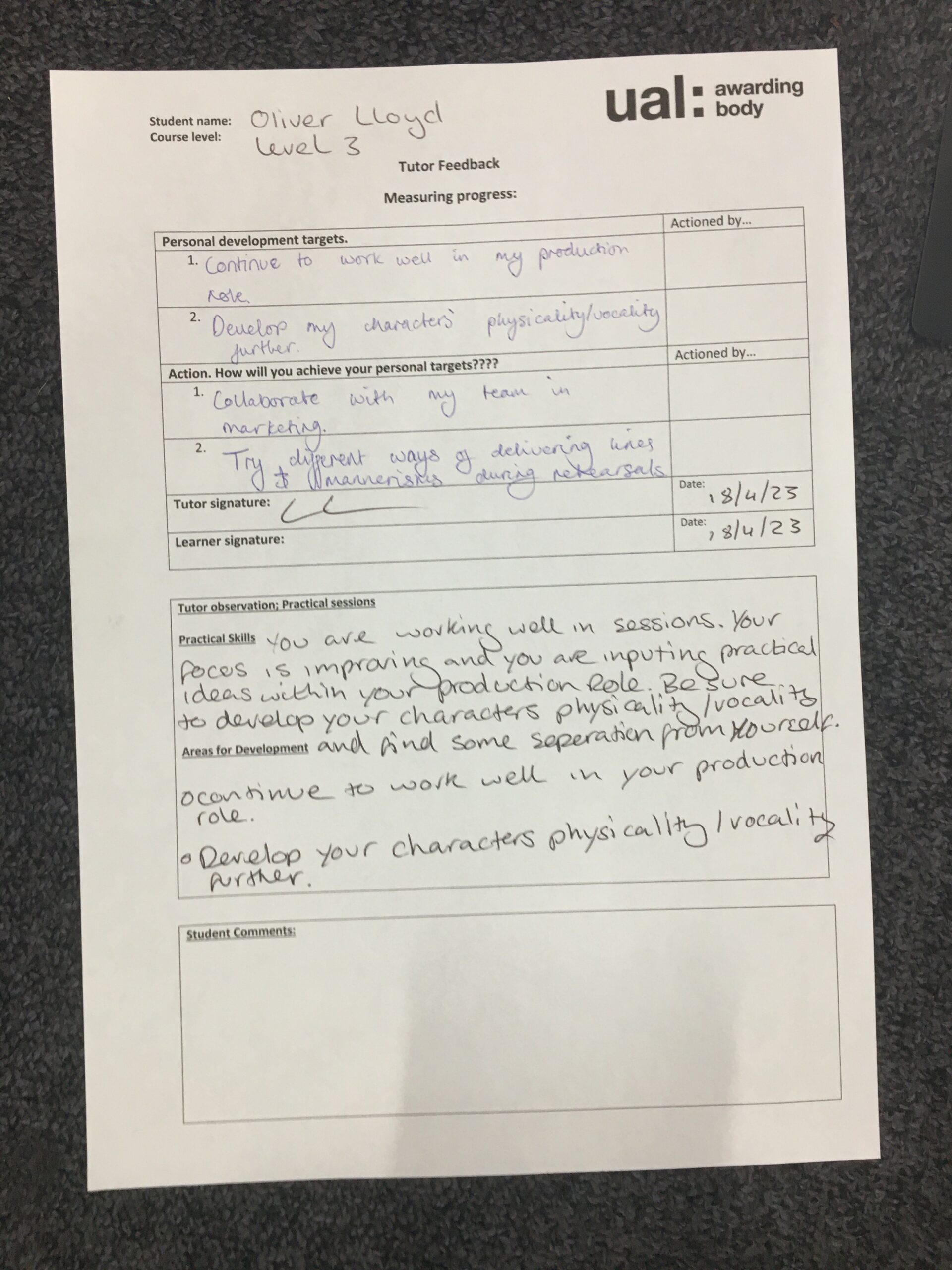 Peer and Tutor Observations – Oliver Lloyd FMP