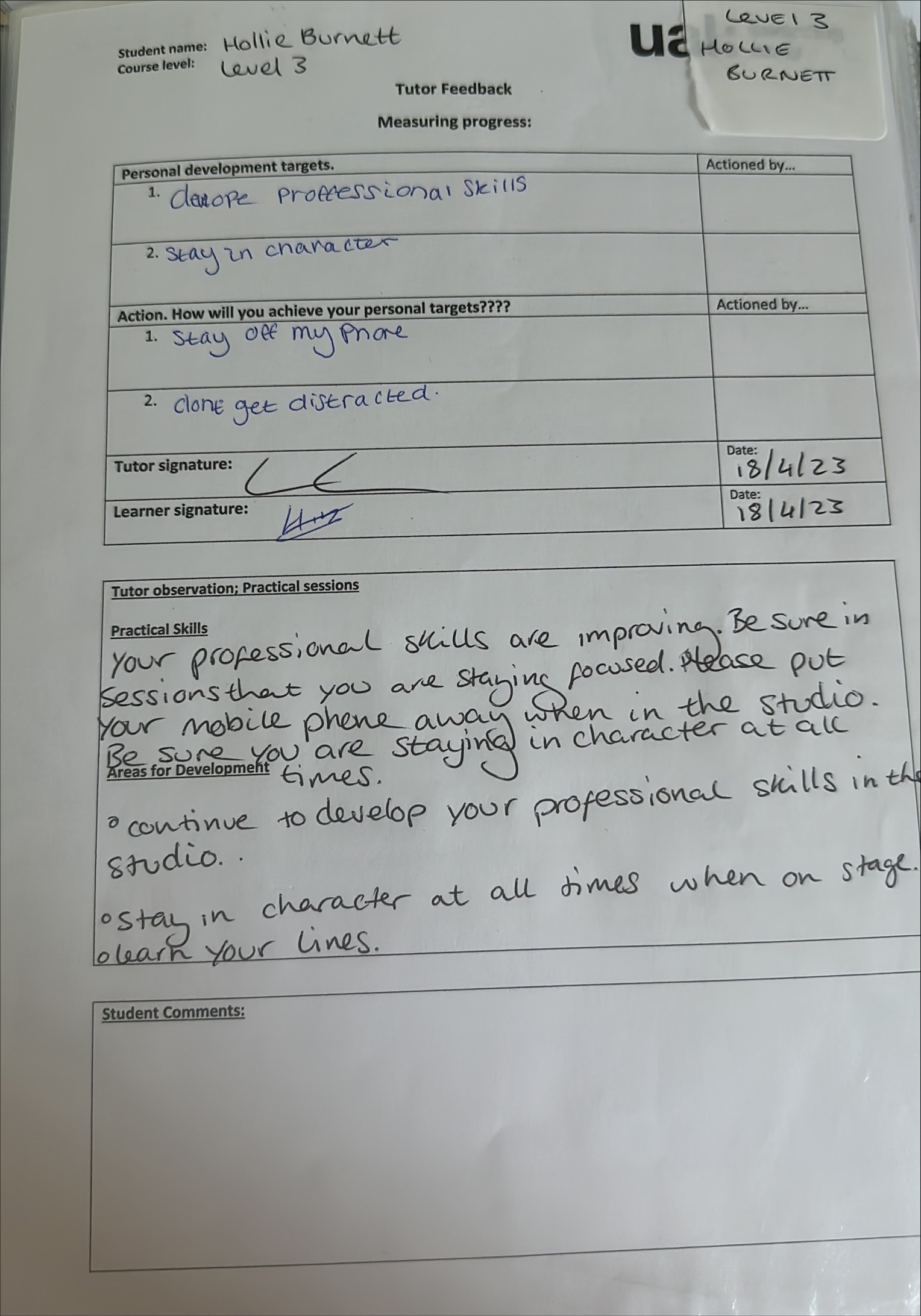 Tutor and Peer Observations – Hollie Burnett FMP