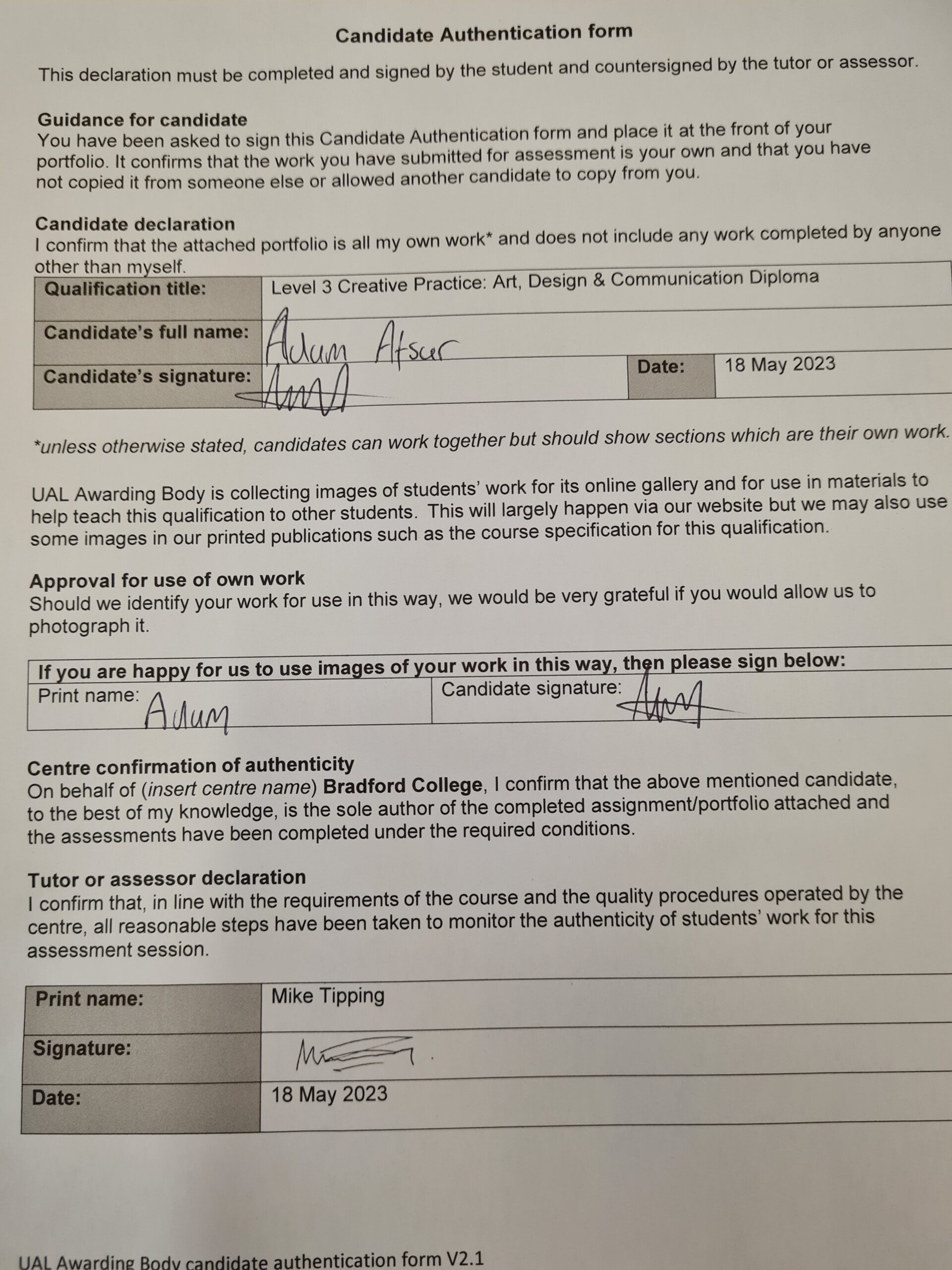 Candidate authentication form – Adam Afsar